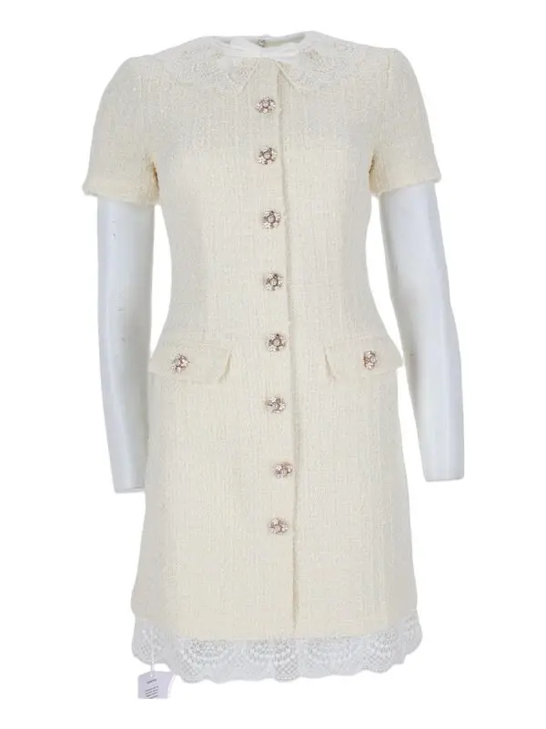 SELF-PORTRAIT Short Sleeve Lace Trimmed Tweed Dress - Cream