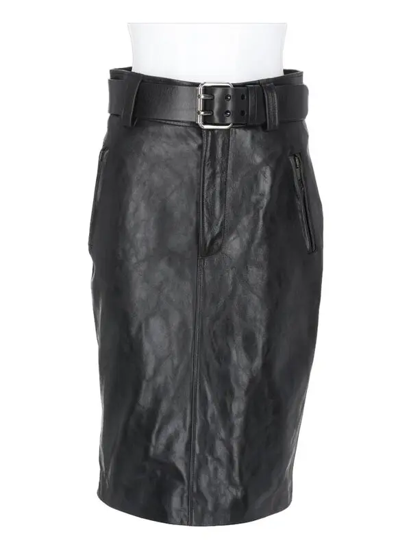 Saint Laurent Calfskin Belted Pencil Skirt - Black