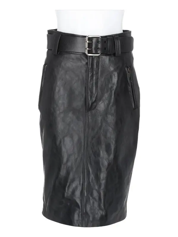 Saint Laurent Calfskin Belted Pencil Skirt - Black