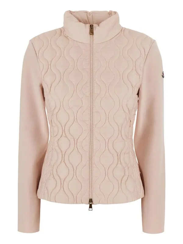 Moncler Pink Cardigan With Quilted Design On The Front And Logo Patch On The Sleeve In Tech Fabric For - Multicolor