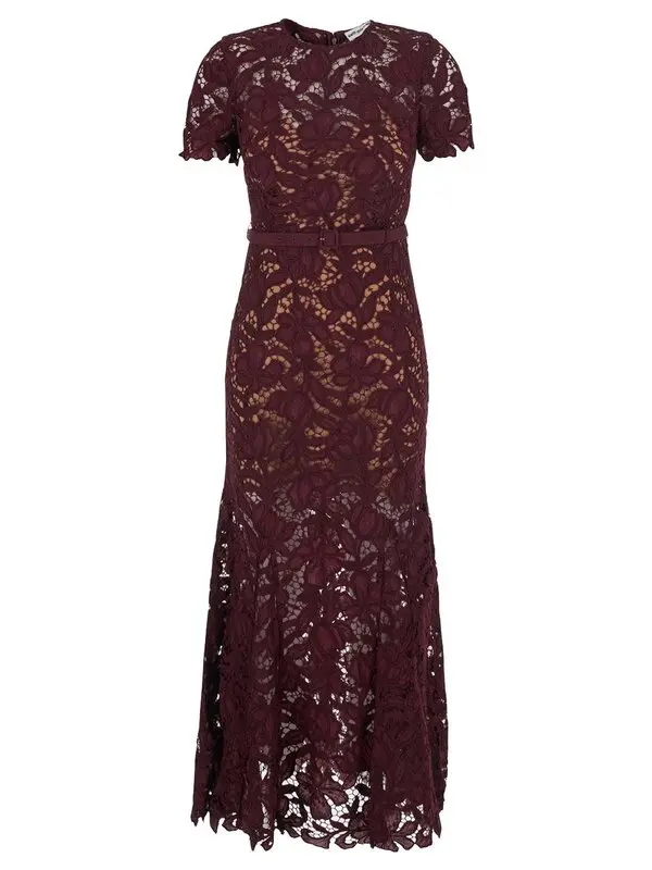 SELF-PORTRAIT Burgundy Long Dress With Lace Details And Round Neckline In Fabric For - Multicolor