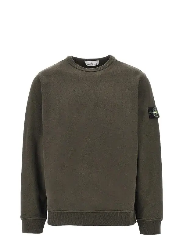 Stone Island Crewneck Cotton Weathirt With Logo Badge - Green