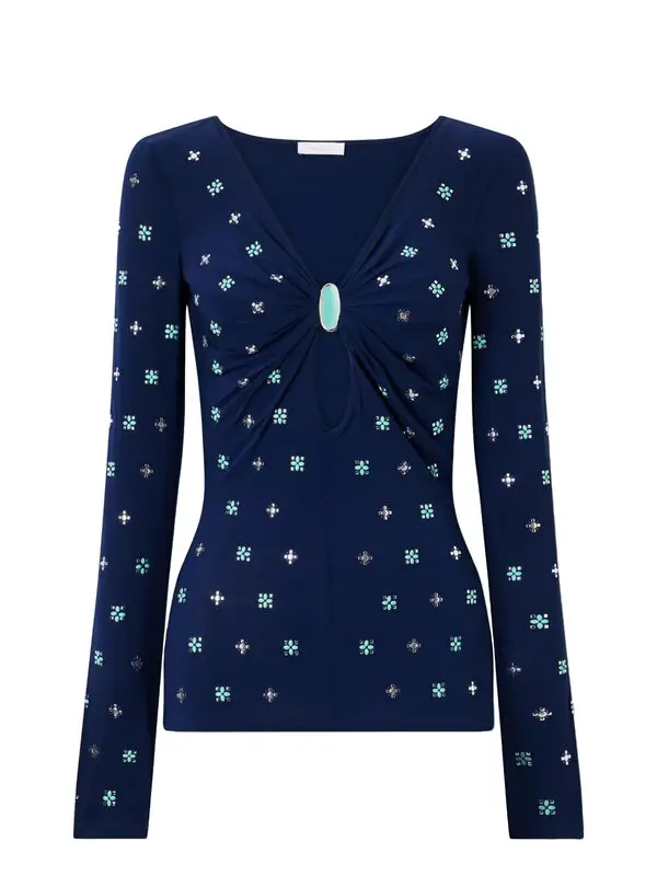 Rabanne Embellished Cut-out Stretch-jersey Top - Blue