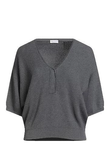 Brunello Cucinelli Solidcolor Vneck Shortsleeve Knit Top - Grey