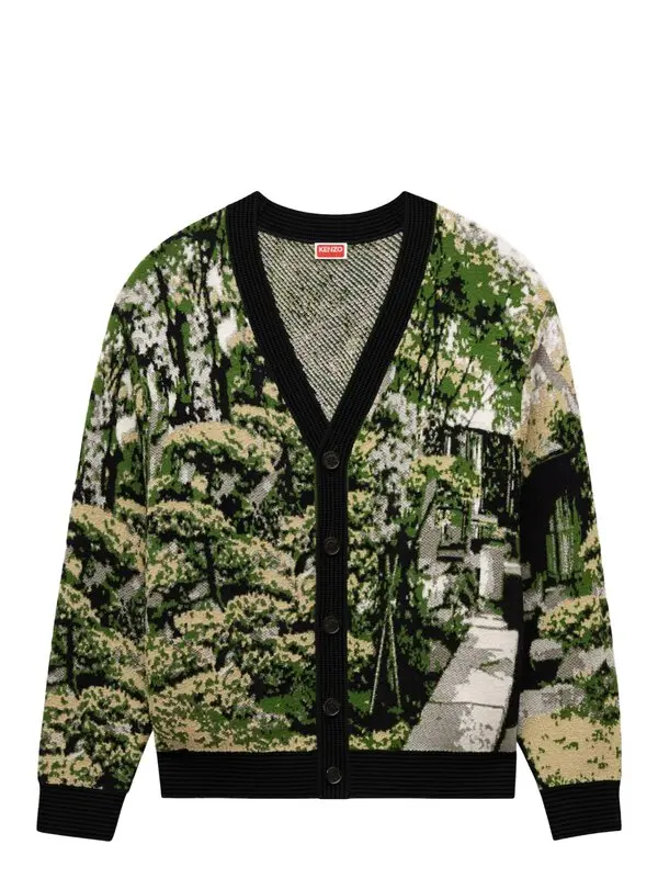 Kenzo Japanese Garden Cardigan In Cotton Wool - Deep Khaki