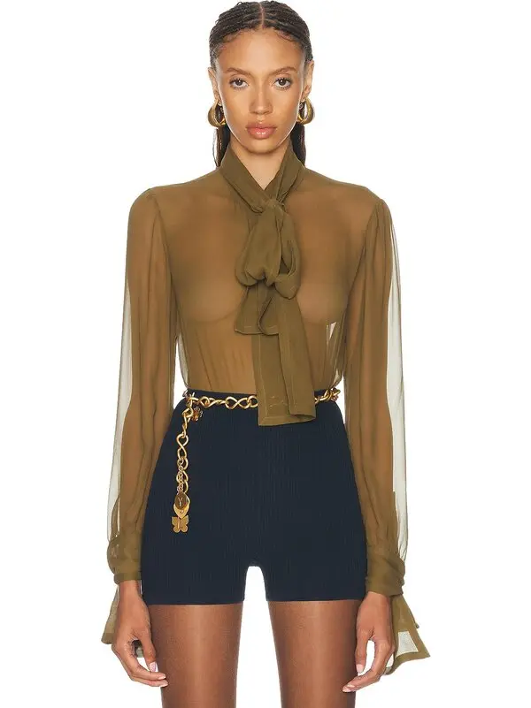 Saint Laurent Muslin Crepe Blouse In Green - Vert Bronze