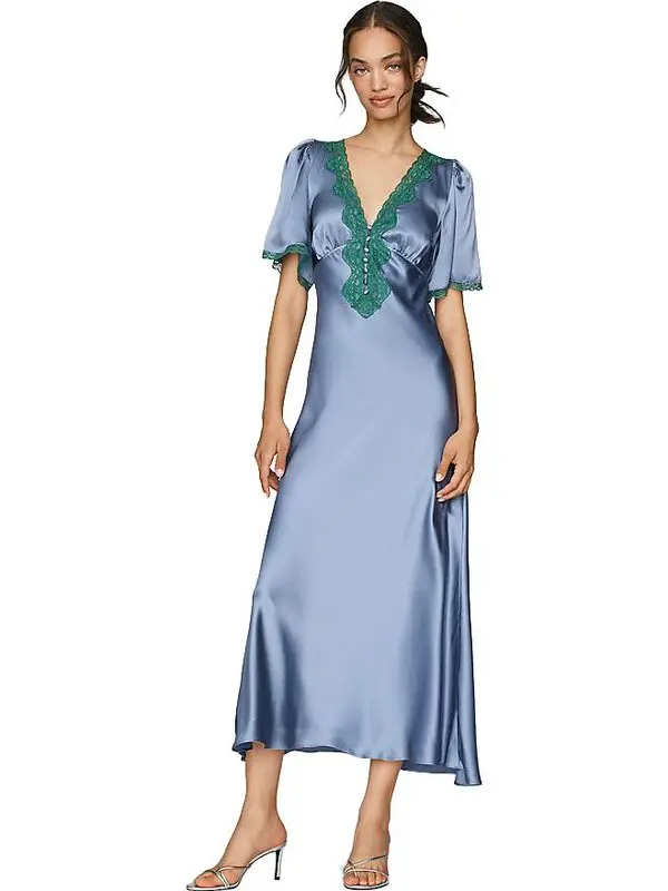 Anthropologie 100% Silk Sat Lace-trim Maxi Dress - Blue