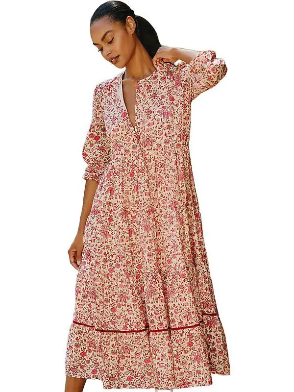 RO'S GARDEN Daphne 100% Cotton Midi Dress - Red Pattern