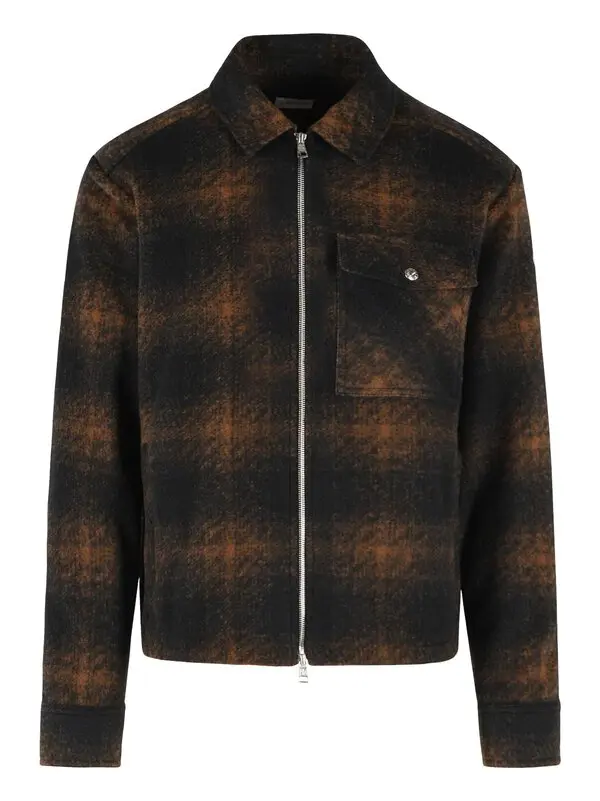 Moncler And Black Check Wool Blend Jersey Zip Shirt - Brown