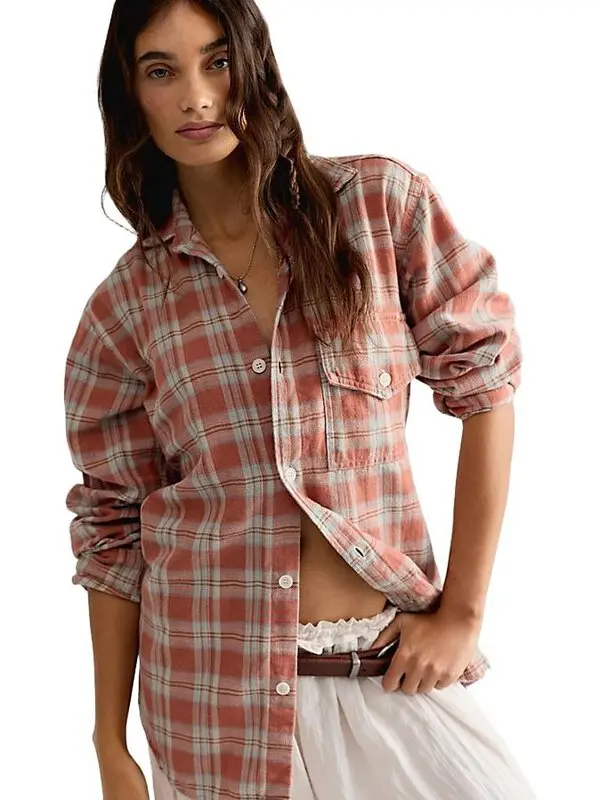 LLEA BLUE Oversized Plaid Button-down Shirt With Pocket - Brick