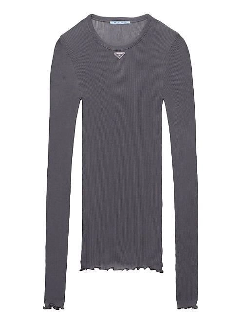 Prada Logo-plaque Ribbed Silk Top - Grey