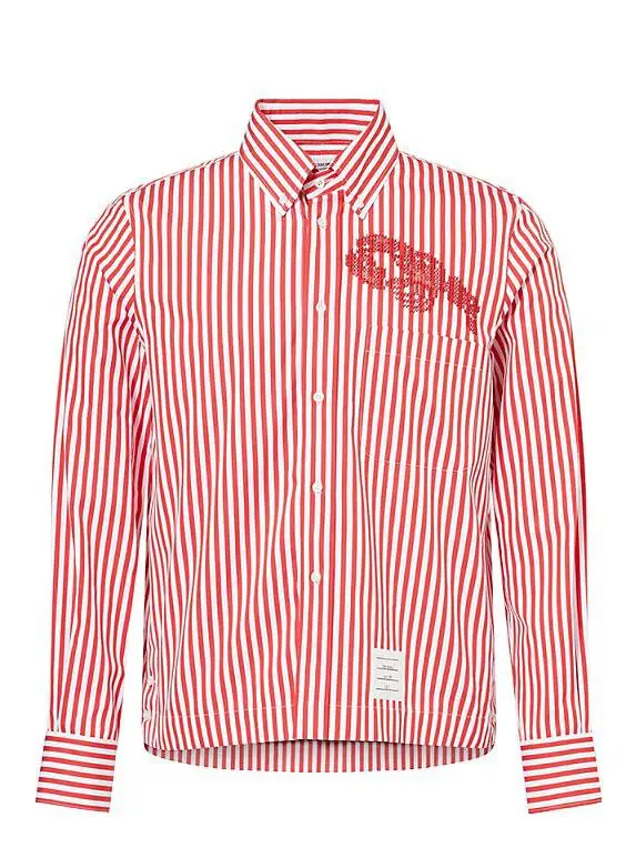 Thom Browne Lobster-embroide Striped Cotton Shirt - Red
