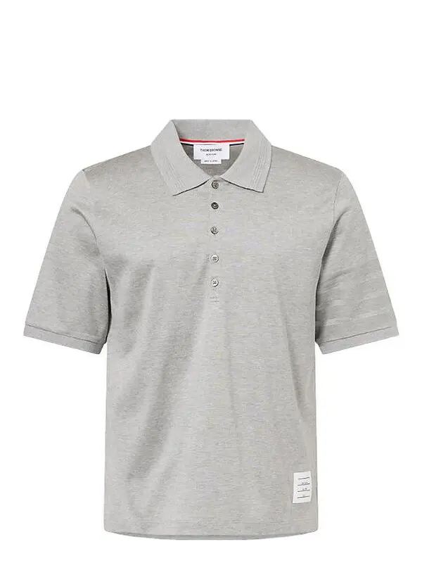 Thom Browne Striped-sleeve Brand-patch Cotton Polo Shirt - Lt Grey