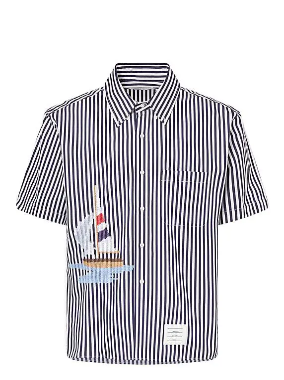 Thom Browne Sailboat-embroidered Striped Cotton Shirt - Navy