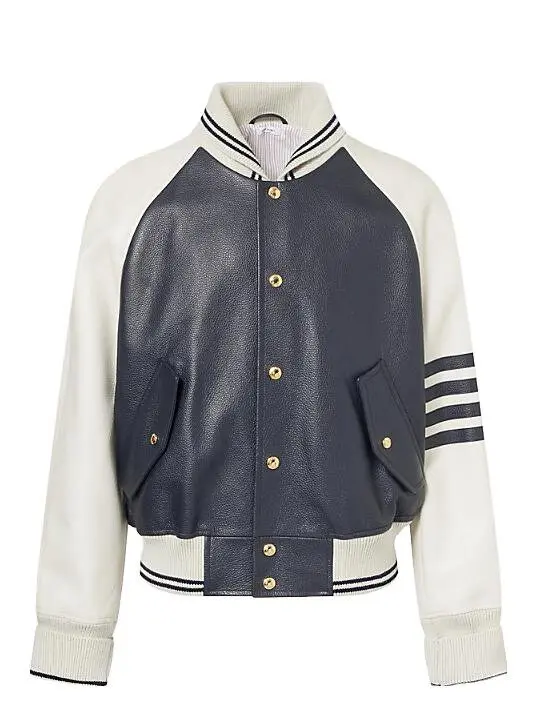 Thom Browne Oversized Contrast-sleeve Leather Jacket - Navy
