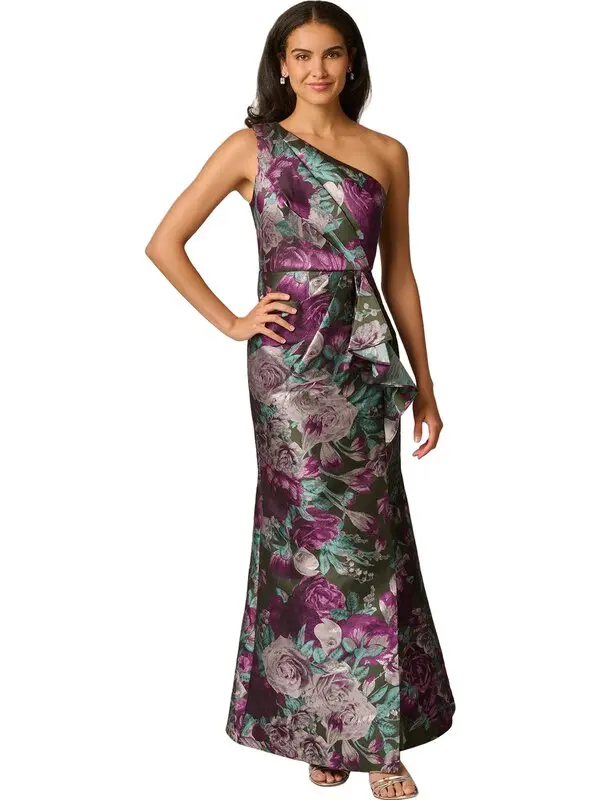 Adrianna Papell One Shoulder Rose Garden Jacquard Mermaid Gown - Green Multi