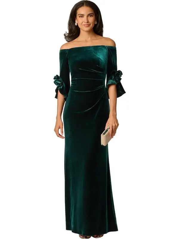 Adrianna Papell Bell Sleeve Off Shoulder Stretch Velvet Rosette Gown - Hunter