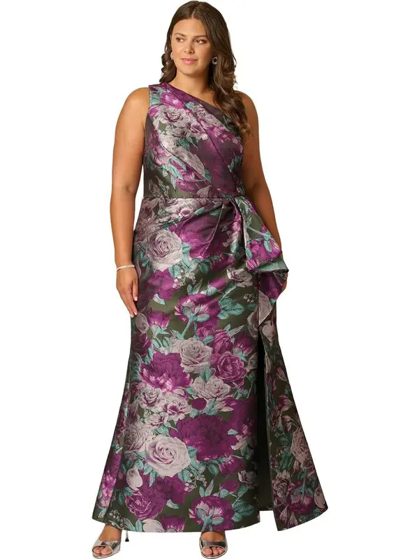 Adrianna Papell One Shoulder Rose Garden Jacquard Mermaid Gown - Green Multi
