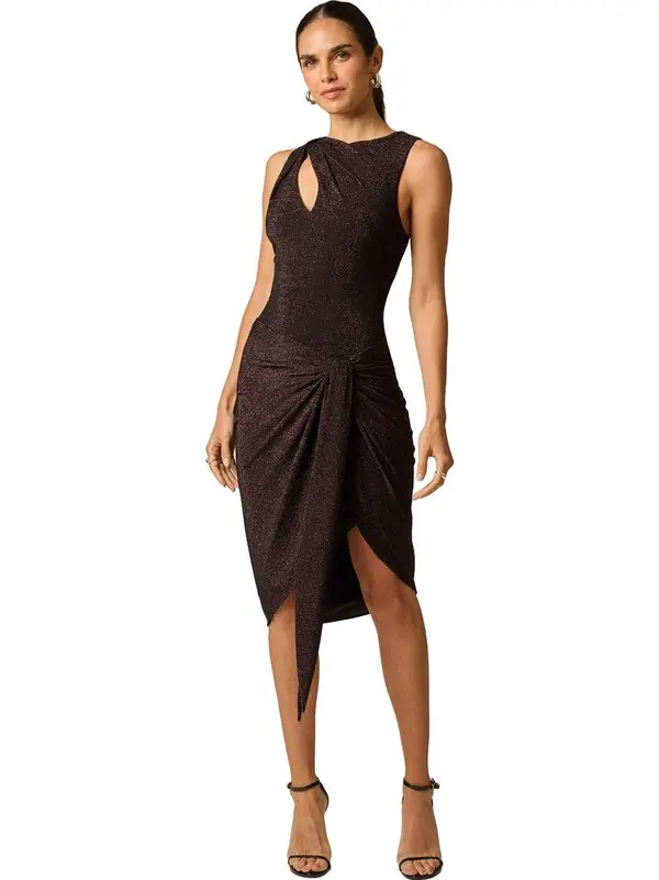 Adrianna Papell Stretch Shimmer Knit Asymmetrical Keyhole Cocktail Dress - Chocolate