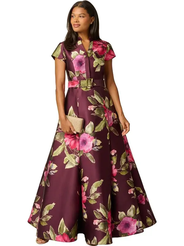 Adrianna Papell Short Sleeve Magnolia Floral Ballgown - Wine Multi