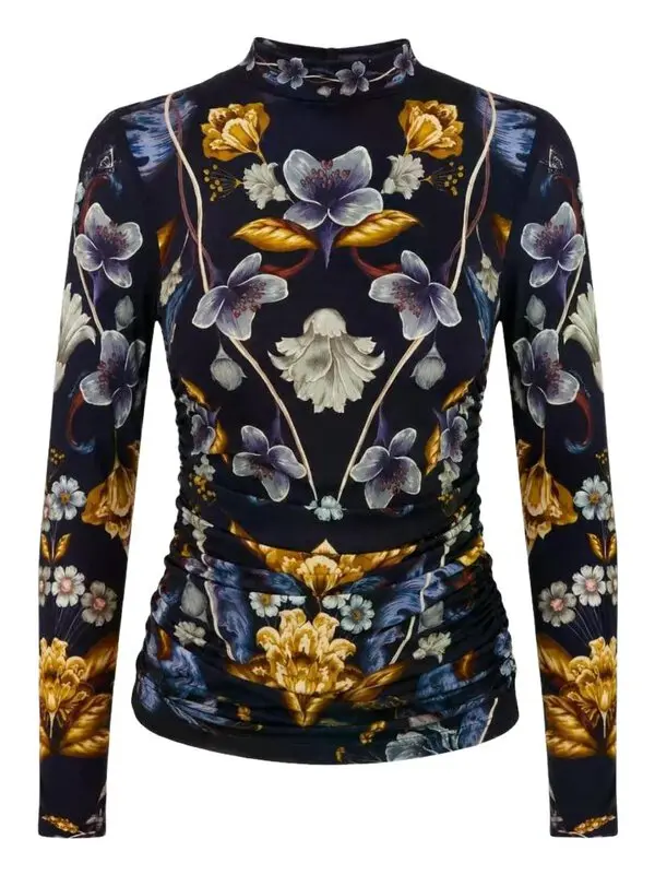 Farm Rio Floral-print Ruched Top - Blue