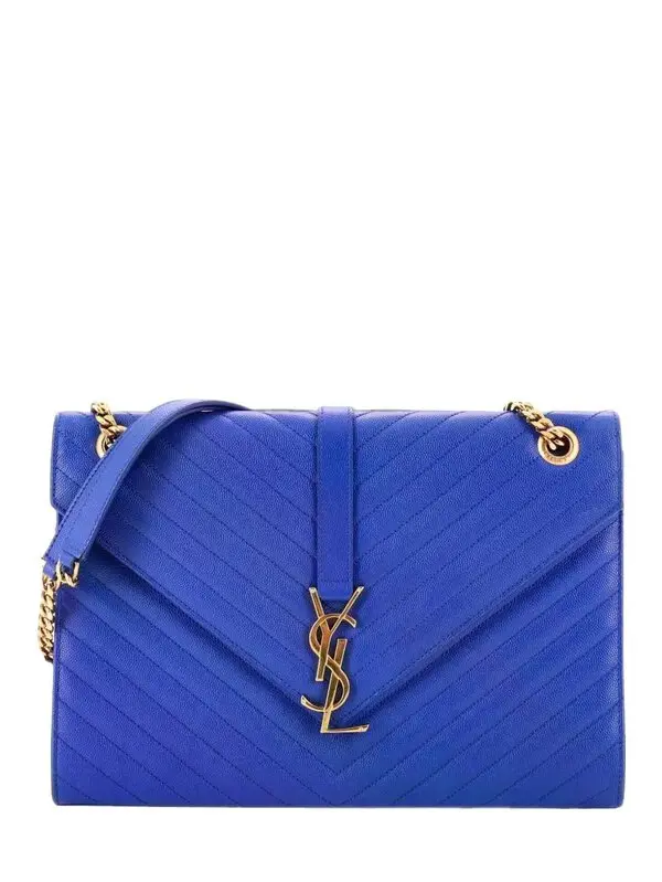 Saint Laurent Classic Monogram Envelope Satchel Matelasse Chevron Leather Large Shoulder Bag - Blue