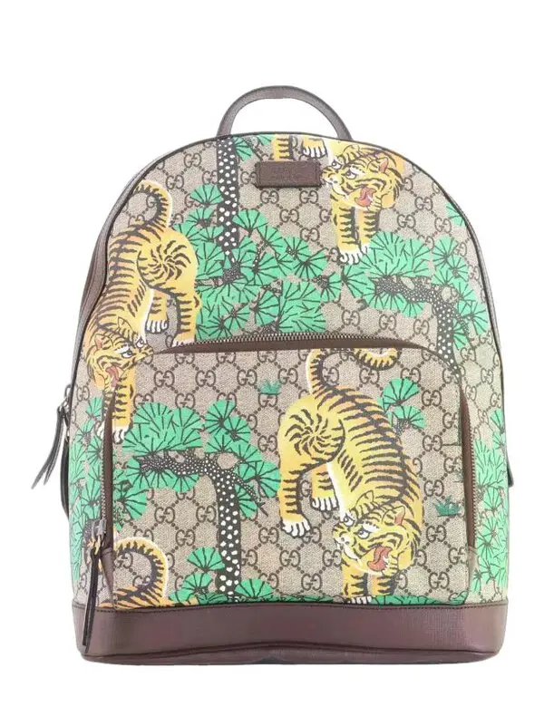 Gucci Zip Pocket Bengal Print Gg Coated Canvas Medium Backpack - Brown
