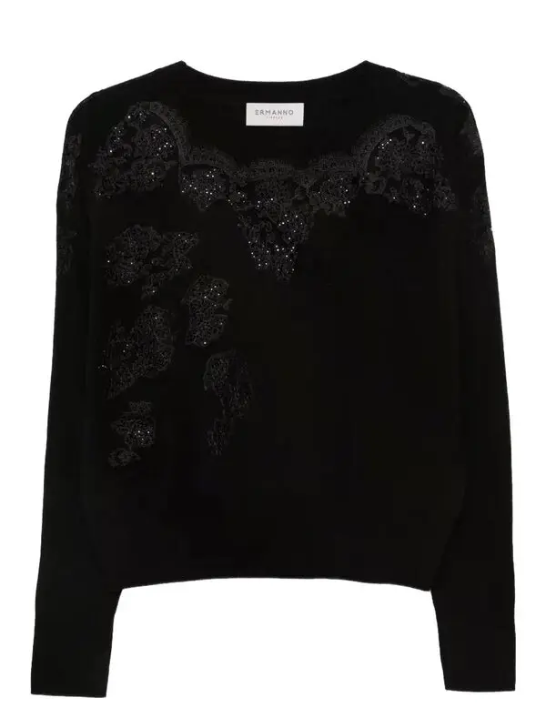 ERMANNO FIRENZE Lace-panel Sequin-embellished Sweater - Black