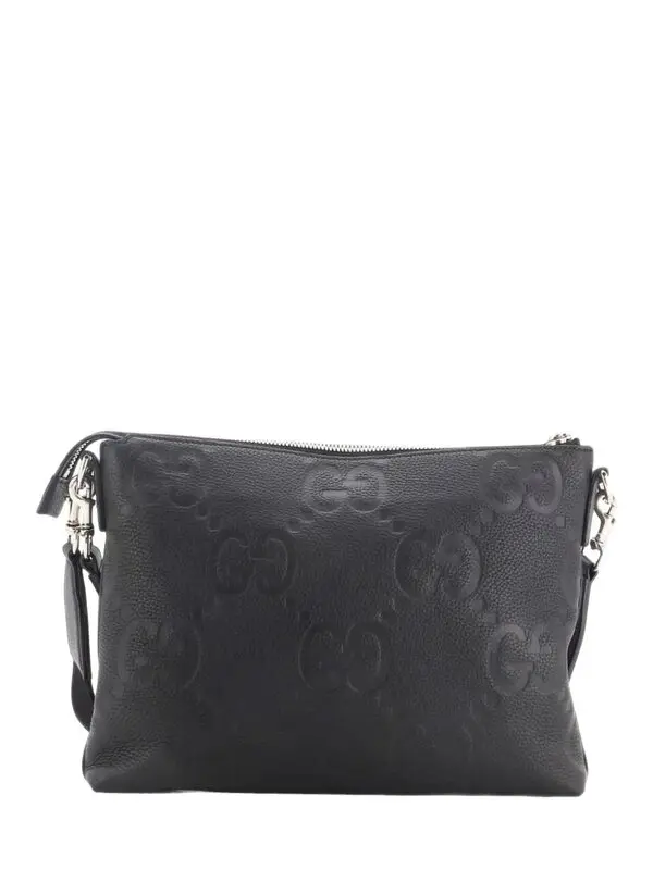 Gucci Zip Messenger Bag Jumbo Gg Embossed Leather Medium Clutch Bag - Black
