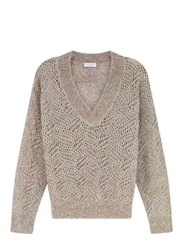 Brunello Cucinelli Sequin-embellished Open-knit V-neck Sweater - Neutrals