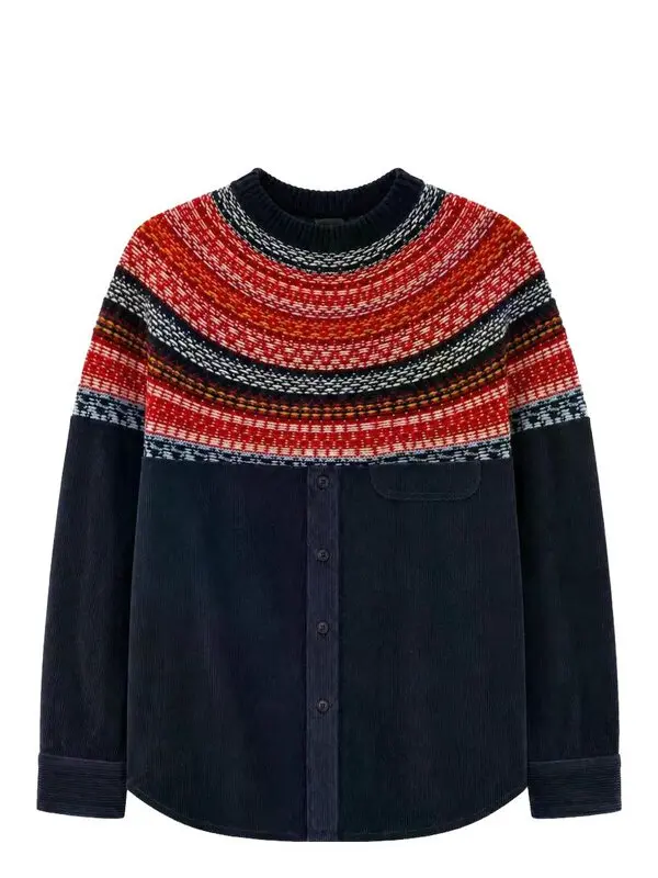 KA WA KEY Deconstructed Fair Isle-knitted Shirt - Blue