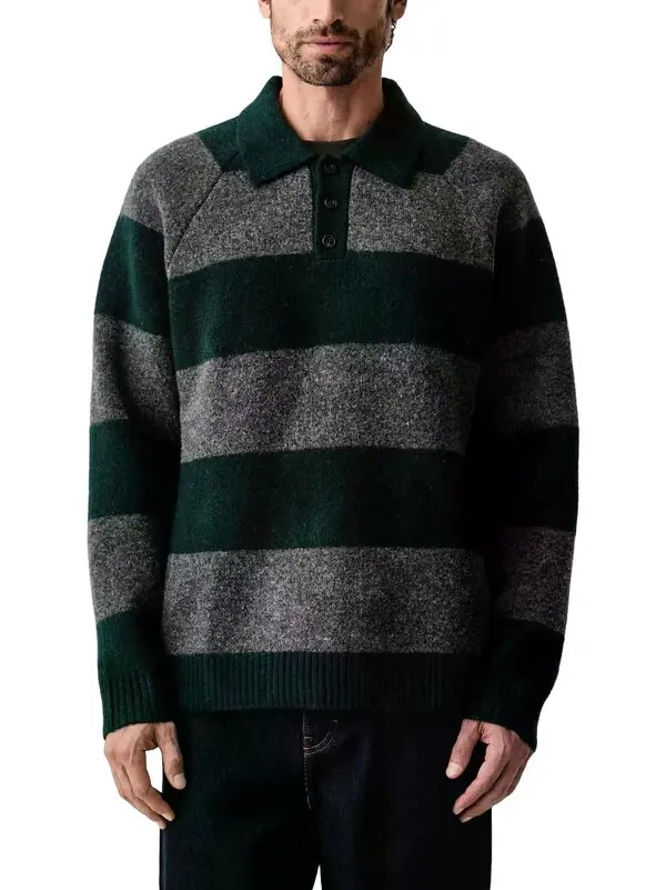 LES DEUX Striped Long-sleeve Polo Sweater - Green