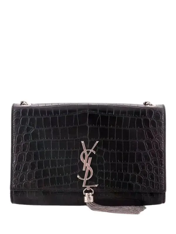 Saint Laurent Classic Monogram Tassel Crocodile Embossed Leather Medium Crossbody Bag - Black