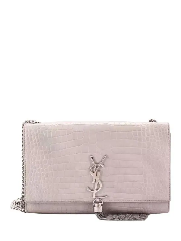 Saint Laurent Monogram Tassel Croc Effect Embossed Leather Medium Cross Body Bag - Grey