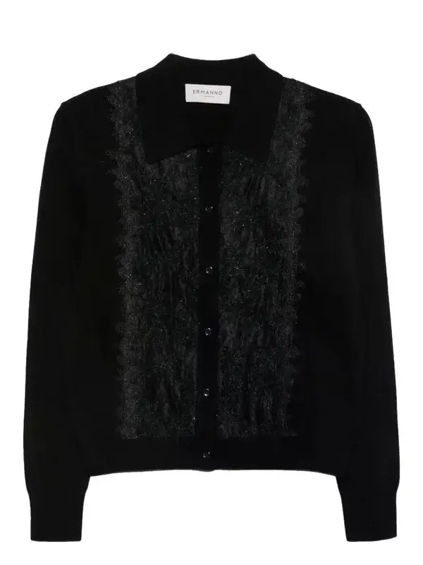 ERMANNO FIRENZE Lace-panelled Polo-collar Cardigan - Black