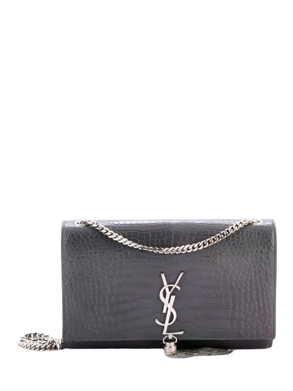 Saint Laurent Monogram Tassel Croc Effect Leather Cross Body Bag - Grey