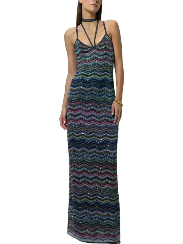 Missoni Long Chevron Knit Dress With Braided Straps - Blue