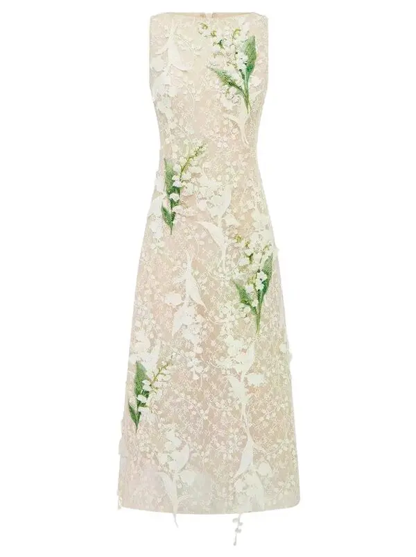 LEO LIN Cleo Floral-appliqué Lace Midi Dress - Neutrals