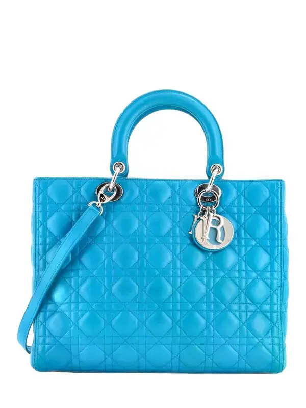 Dior Lady Bag Cannage Quilt Lambskin Large Tote Bag - Blue
