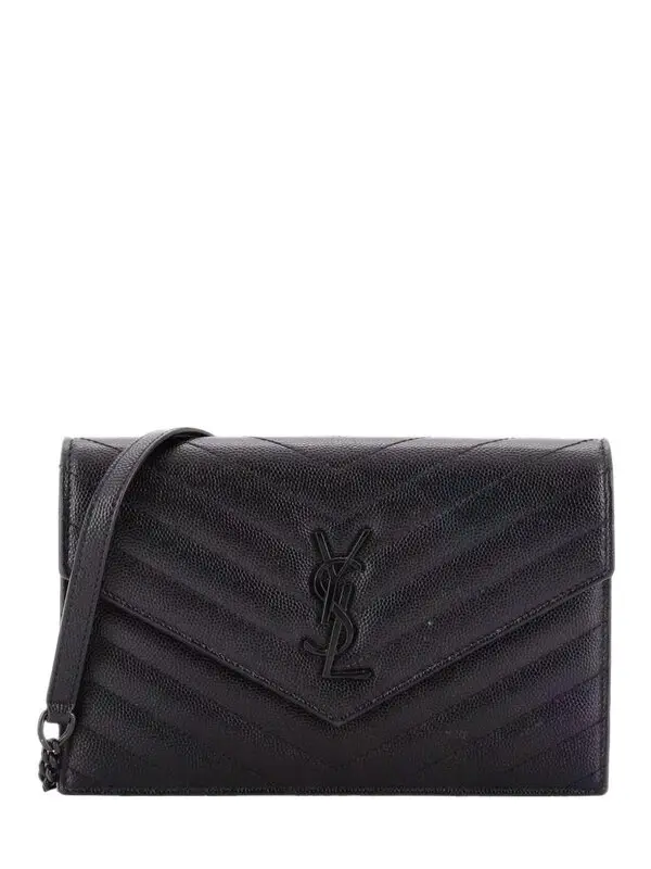 Saint Laurent Classic Monogram Wallet On Chain Matelasse Chevron Leather Small Crossbody Bag - Black