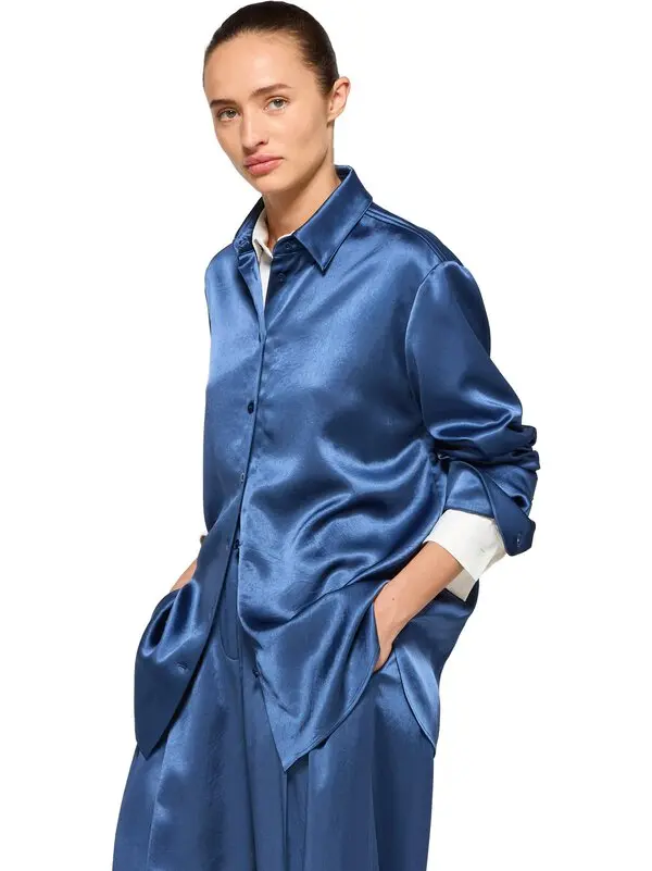 Serena Bute Satin Boyfriend Shirt - Blue