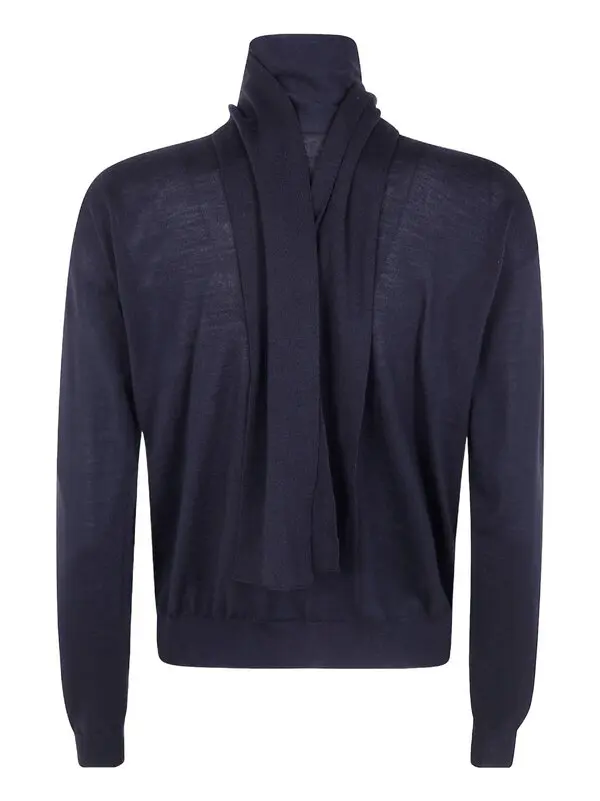 NUUR Scarf Detail V-neck Pullover Sweater - Black