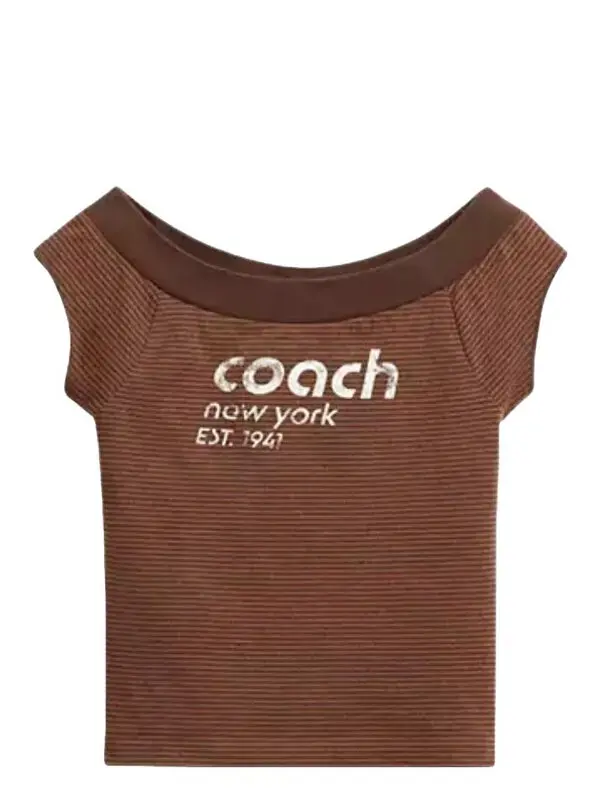 COACH Striped Wide Neck T-shirt In Organic Cotton - Brown