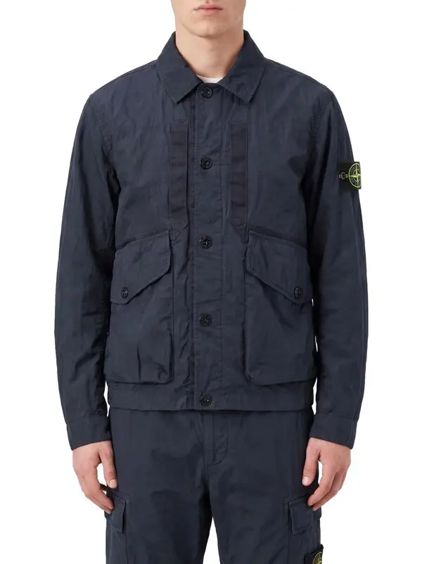 Stone Island Water-repellent Nylon Shirt Jacket With Compass Logo - Blue