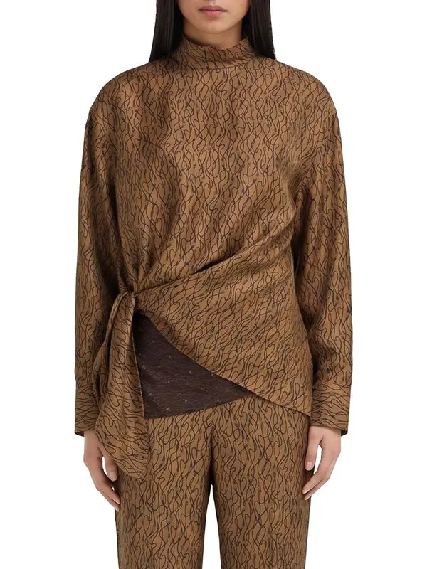 FERRAGAMO Printed Long Sleeve High Neck Top - Brown