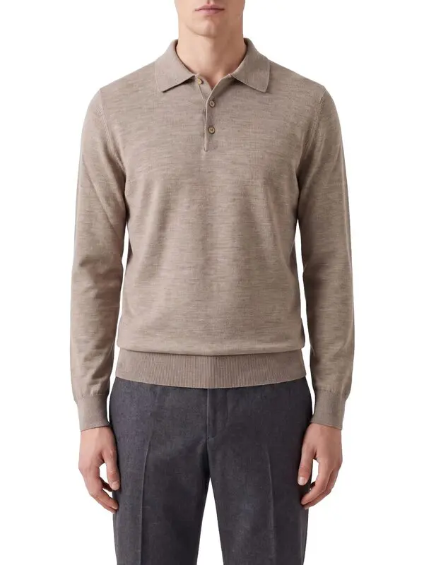 Brioni Long-sleeved Polo Shirt In Cashmere And Silk - Beige