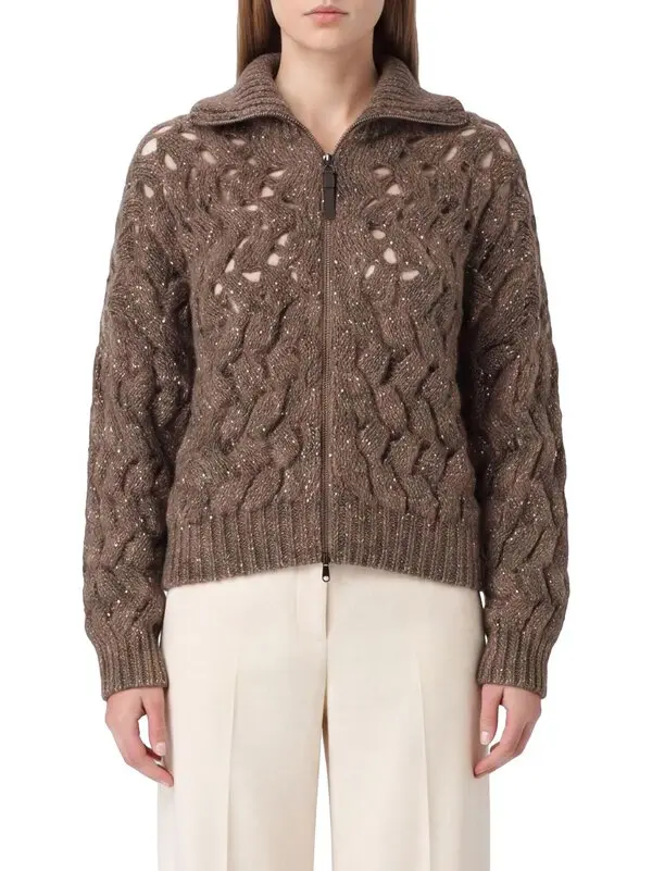 Brunello Cucinelli Open-knit Mohair Wool Zip Cardigan With Sailor Collar - Brown