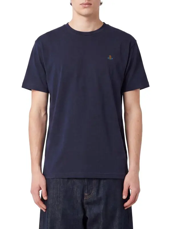 VIVIENNE WESTWOOD Cotton T-shirt With Contrast Embroidered Orb Logo On The Chest - Navy