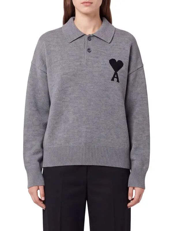 AMI Paris Long-sleeved Knit Cotton Polo With De Coeur Monogram Logo - Beige