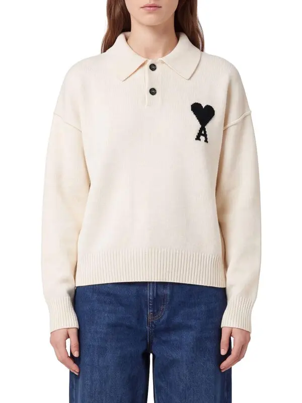 AMI Paris Long-sleeved Knit Cotton Polo With De Coeur Monogram Logo - Ecru